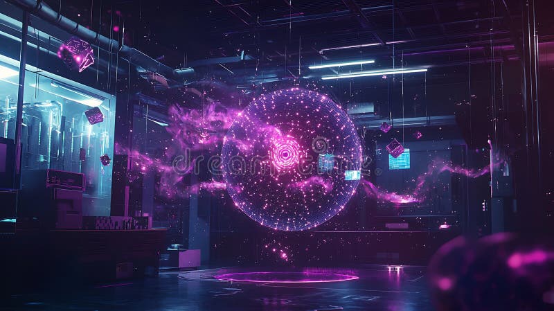 Glowing Sphere Technology in Research Lab with Purple Energy Field ...