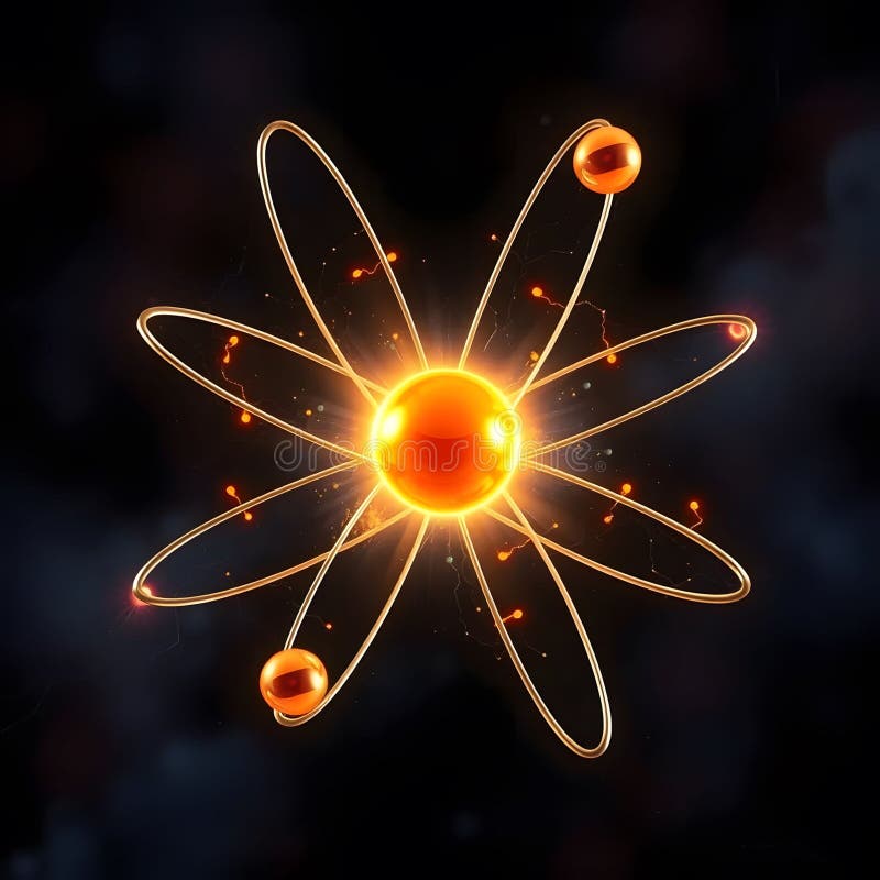 A Glowing Sphere with Three Balls Surrounding it Illustrating Atomic ...
