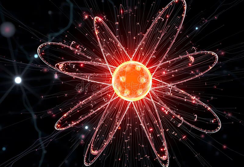 A Glowing Sphere with Three Balls Surrounding it Illustrating Atomic ...