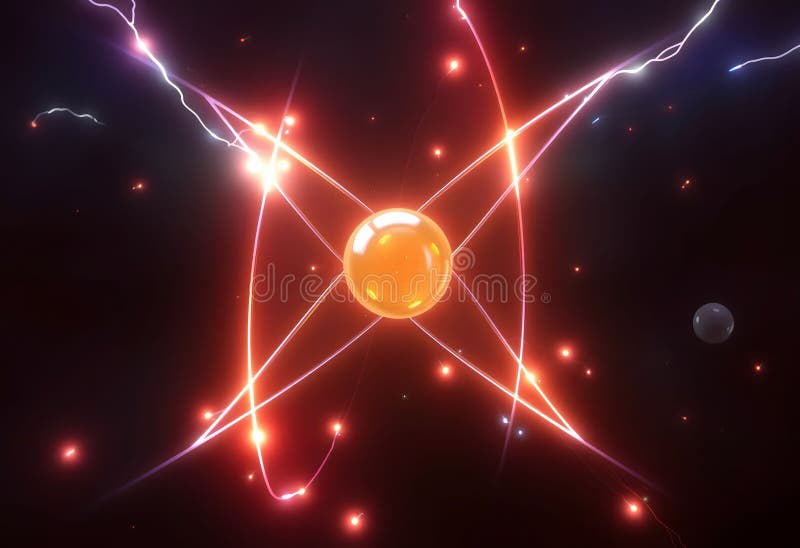 A Glowing Sphere with Three Balls Surrounding it Illustrating Atomic ...