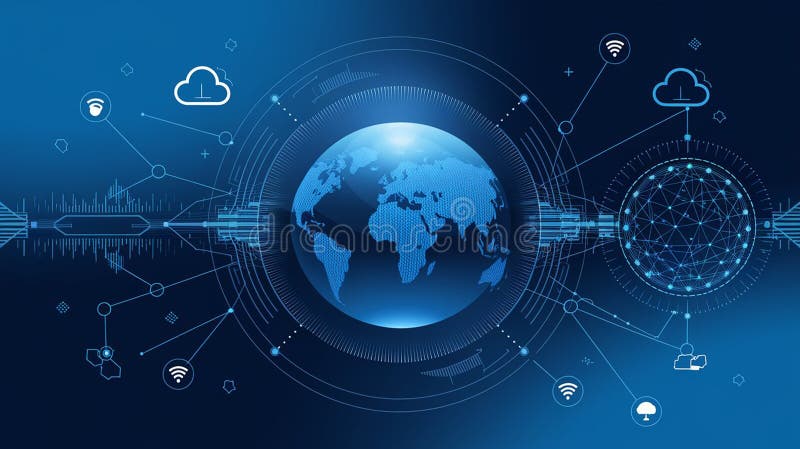 A Glowing Sphere with a World Map Overlay is Surrounded by Digital ...