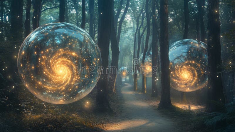 Glowing Spheres Floating in an Enchanted Forest Path Stock Photo ...