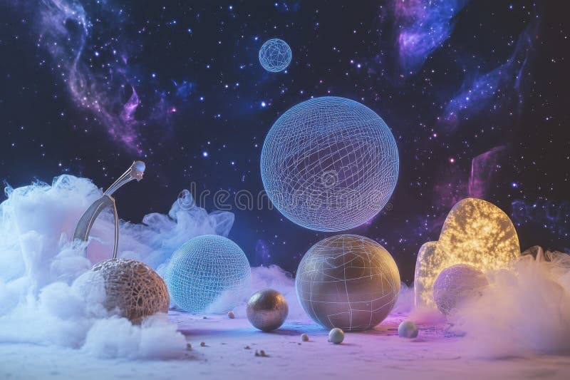 Cosmic Exploration with Glowing Spheres and Celestial Patterns Against ...
