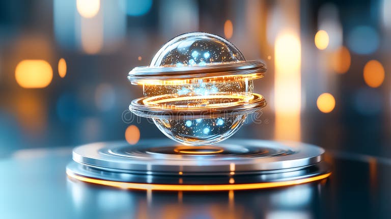 Glowing Spherical Object Rotates on Metallic Base with Dynamic Light ...