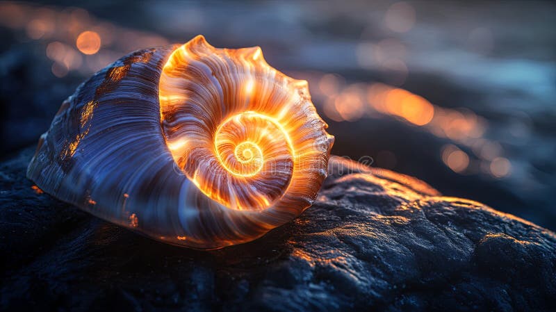 A Glowing Spiral Seashell Styled on a Smooth Black Surface with Stock ...
