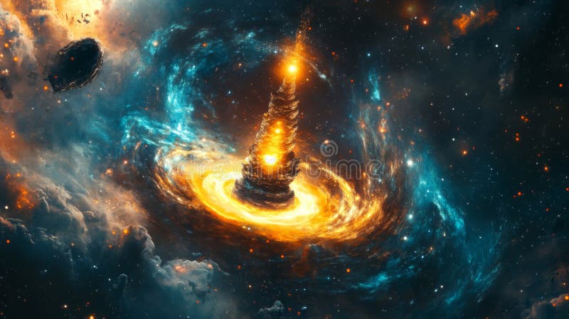 A Glowing, Spiraling Tower in a Starry Vortex Stock Illustration ...