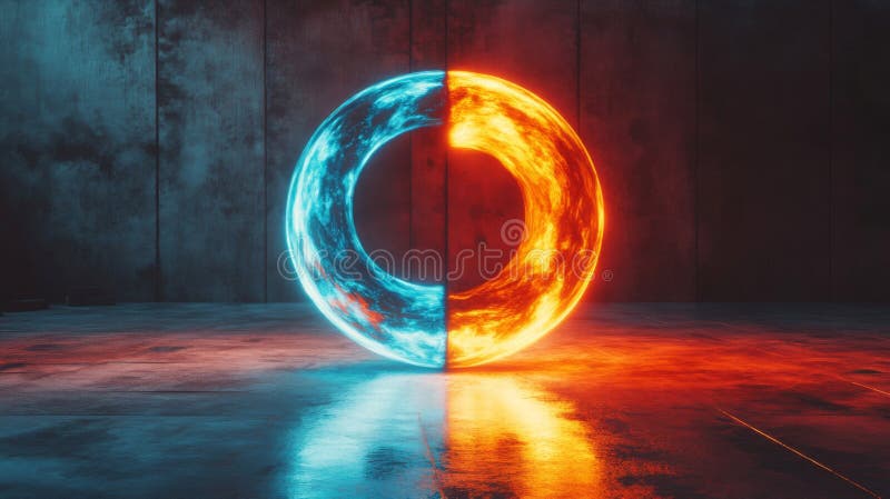 Glowing Split Circle Fire Ice Abstract Digital Art Stock Illustration ...