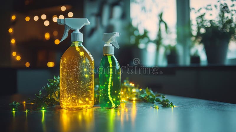 Glowing Spray Bottles with Herbs on Dark Table Stock Illustration ...