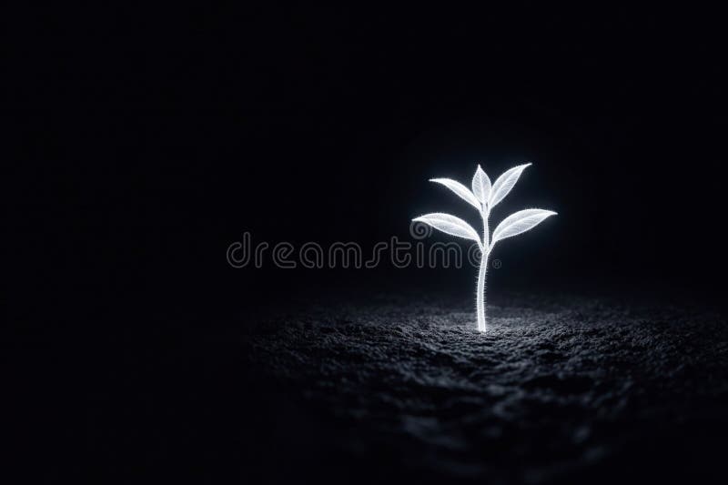 A Glowing Sprout Sprouts from the Dark Earth in the Dark. Space for ...