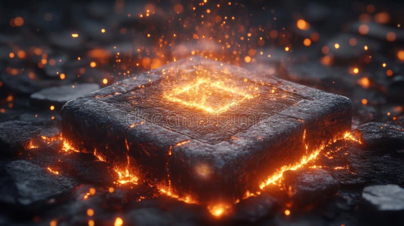 Glowing Square Stone on Dark Rocky Surface with Sparks and Orange Light ...