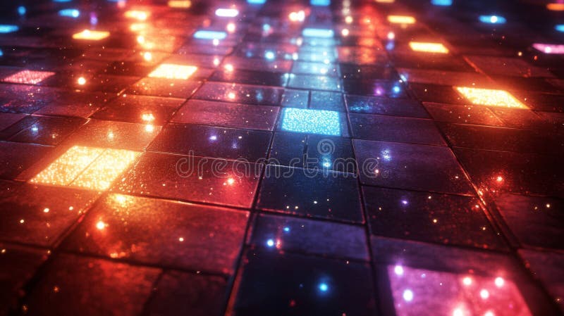 Glowing Square Tiles Floor with Red Orange Blue Purple Lights Stock ...