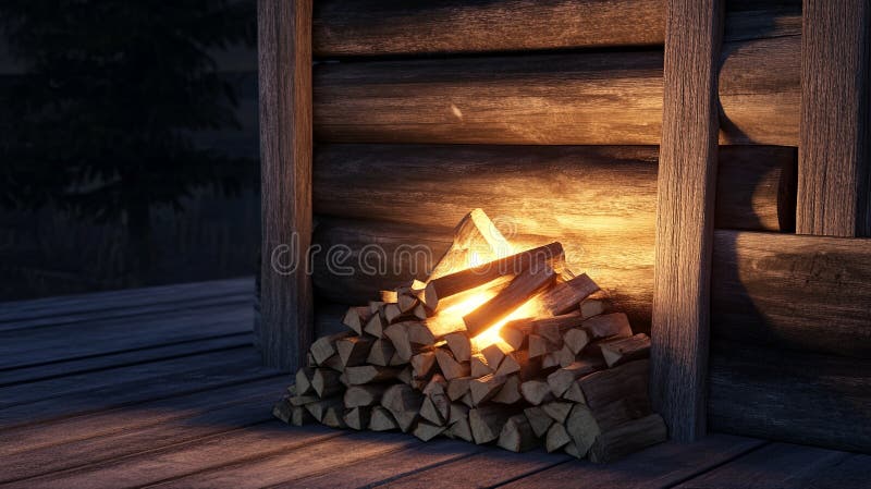A Glowing Stack of Firewood Styled in a Clean Cabin Corner. Background ...