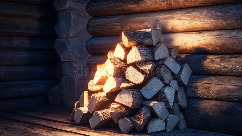 A Glowing Stack of Firewood Styled in a Clean Cabin Corner. Background ...