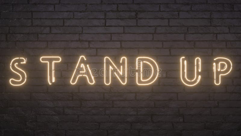 Glowing Stand Up Emblem on Black Brick Wall Background. 3d Rendering ...