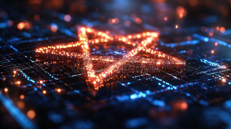Glowing Star in Digital Matrix with Neon Lights and Circuitry Design ...
