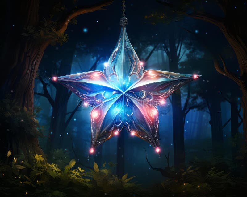 A Glowing Star in the Forest at Night Stock Illustration - Illustration ...