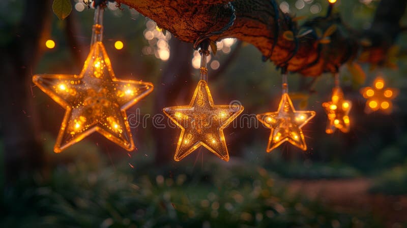 Glowing Star-Shaped String Lights Hanging on a Tree Branch, Generative ...