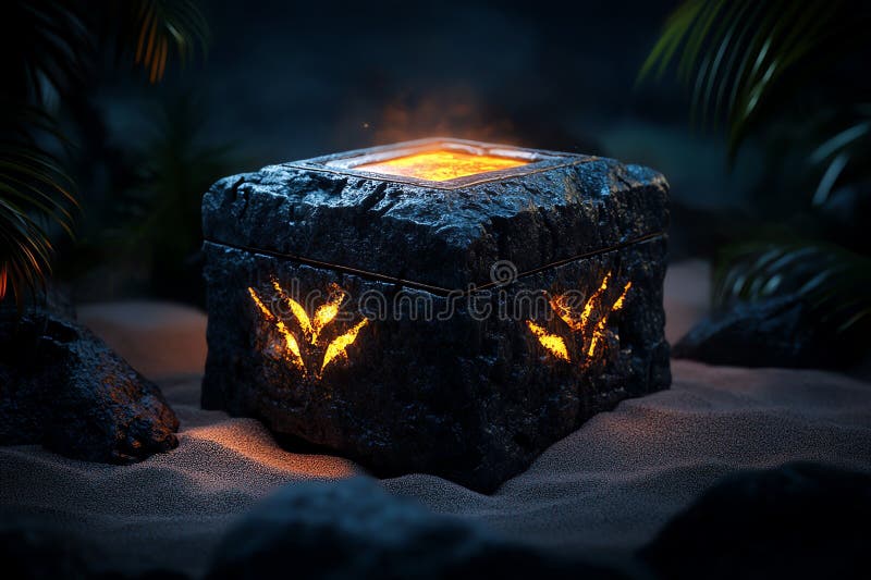 A Glowing Stone Chest Sits in a Dark, Tropical Jungle Setting. the ...