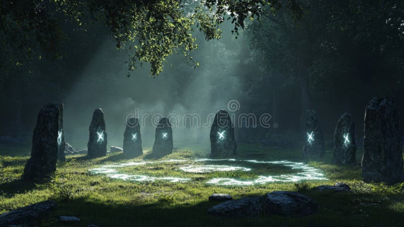 Glowing Stone Circle in a Mystical Forest Stock Illustration ...