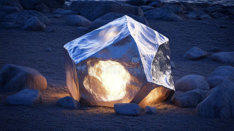 Glowing Stone Cube on Dark Beach at Night Stock Illustration ...