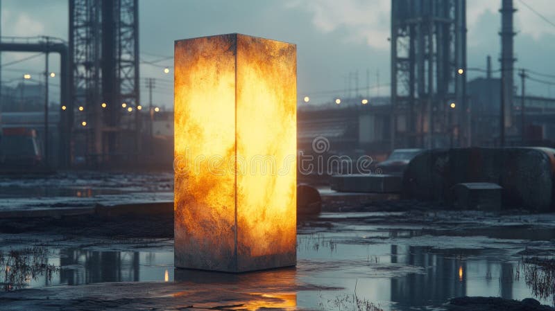 Glowing Stone Cube in Industrial Cityscape at Night Stock Illustration ...