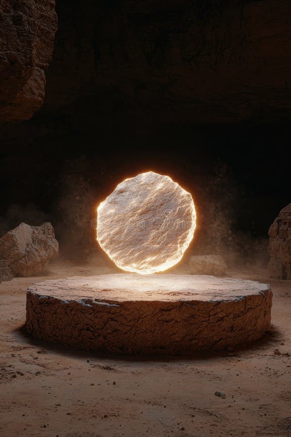 Glowing Stone Levitating Above a Stone Platform in a Cave. Stock ...