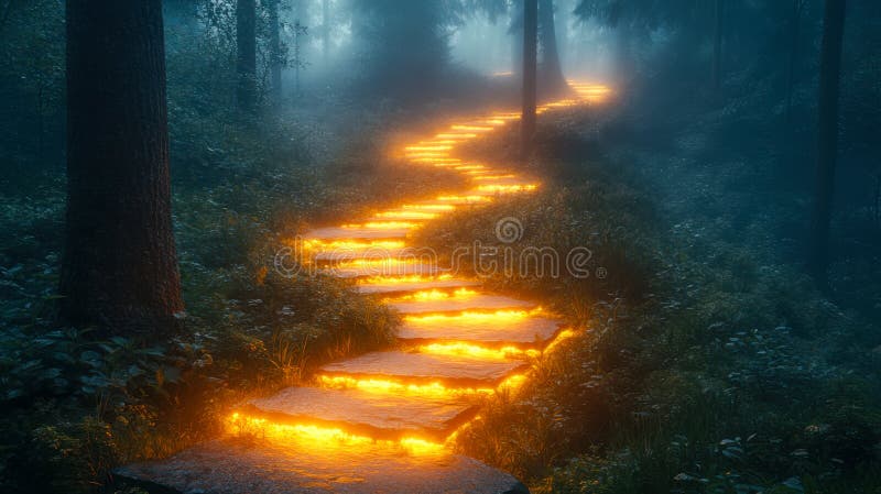 Glowing Stone Pathway through Misty Forest at Dawn Creates Enchanted ... Glowing Stone Pathway through Misty Forest at Dawn Creates Enchanted ...