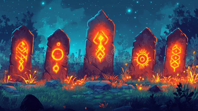Glowing Stone Pillars in a Dark Forest at Night Stock Illustration ...