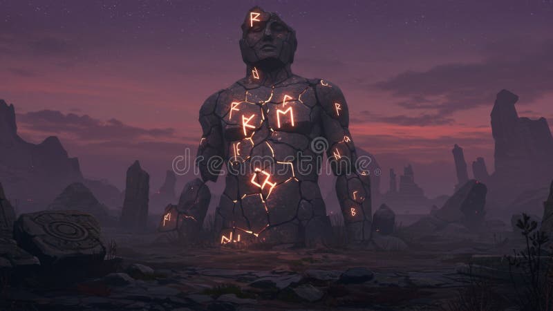 Glowing Stone Statue in a Mystical Night Landscape Stock Illustration ...