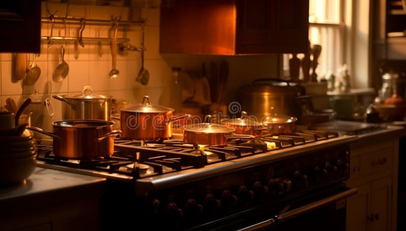 Glowing Stove Top Heats Cooking Pan Inside Kitchen Generated by AI ...