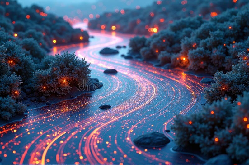 Glowing Stream in Enchanted Forest: Luminous Path Amid Sparkling River ...