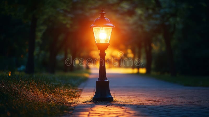 Glowing Streetlamp on a Park Pathway at Dusk. Stock Photo - Image of tranquility, mystery: 365409978