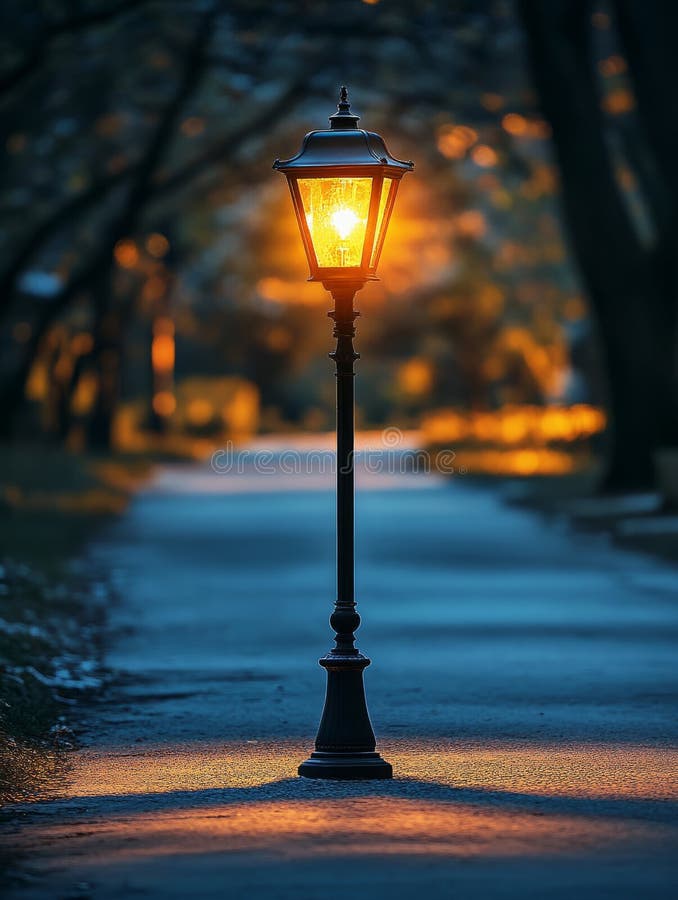 Glowing Streetlight Illuminating a Quiet Park Path. Stock Photo - Image ...