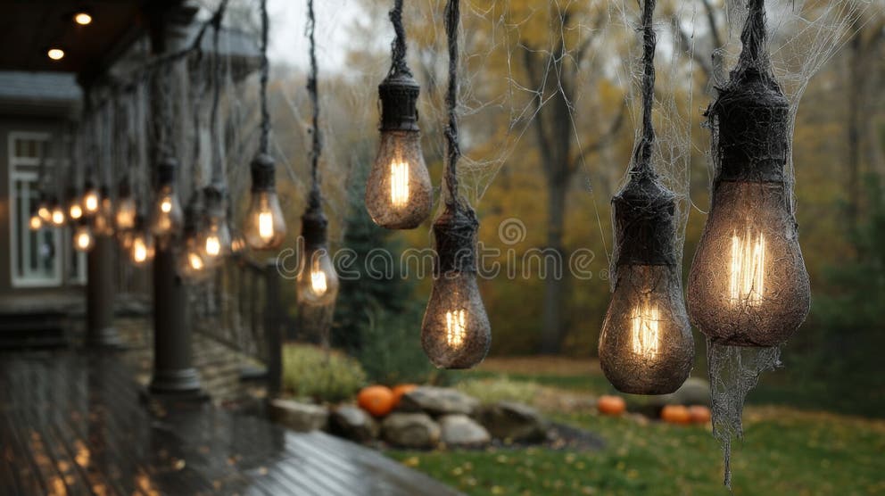 Glowing String Lights with Cobwebs on a Rainy Porch Stock Illustration ...