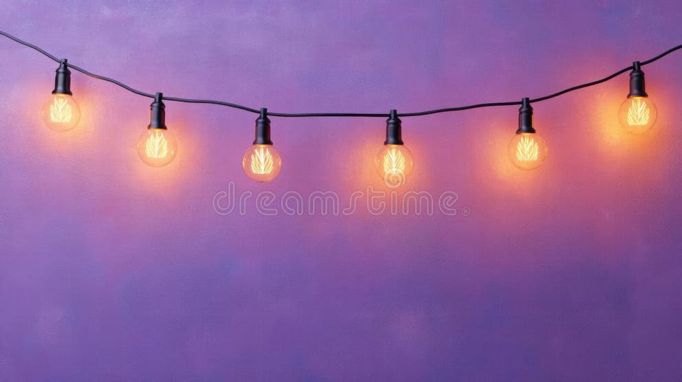 Glowing String Lights on Purple Wall Stock Image - Image of mood ...