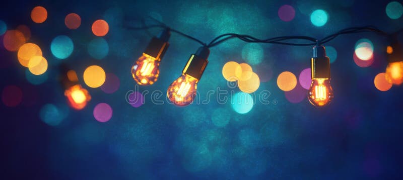Glowing String Lights with a Warm, Festive Glow Against a Dark Blue ...