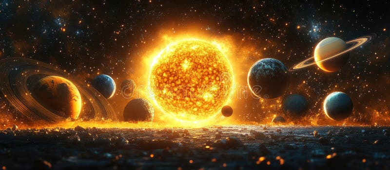GLOWING SUN ILLUMINATING a SOLAR SYSTEM with PLANETS and RINGS Stock ...