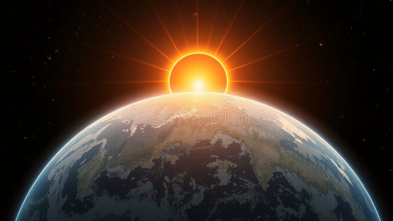 A Glowing Sun Rises Over a Detailed Image of the Earth Stock ...