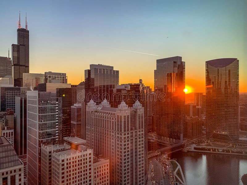 Glowing Sunset Over the Chicago River Stock Photo - Image of river ...