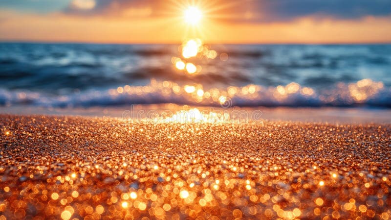 Glowing Sunset Over Sparkling Beach Shore with Ocean Waves Stock Image ...