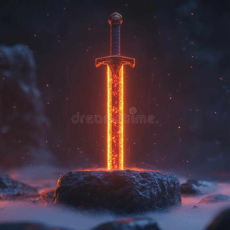 Glowing Sword Emerges from Mystical Rock. Stock Illustration ...