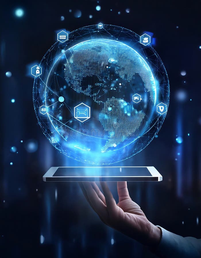 A Glowing Tablet Digital Icons and a Globe Float Above it Stock ...