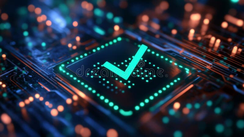 Glowing Teal Check Mark on Circuit Board Stock Illustration ...
