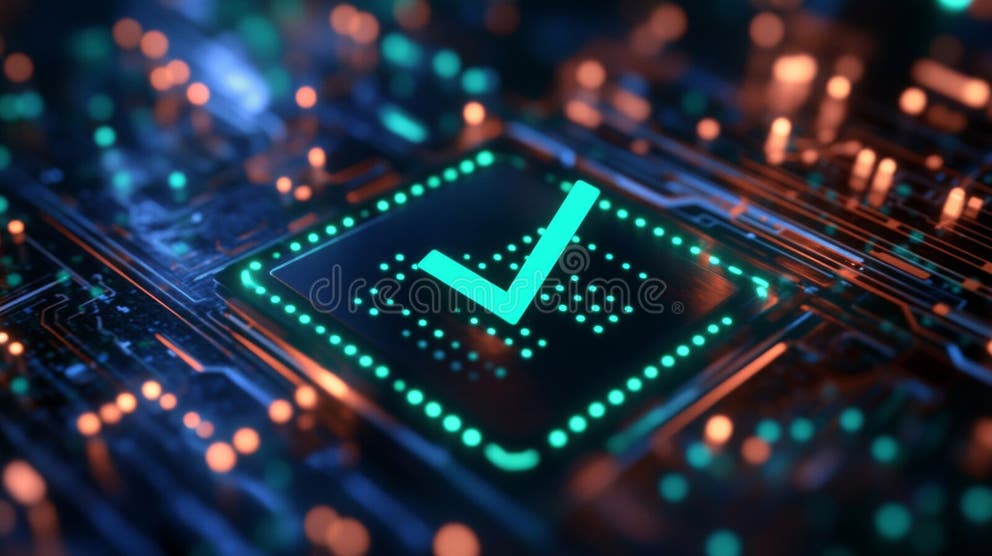 Glowing Teal Check Mark on Circuit Board Stock Illustration ...