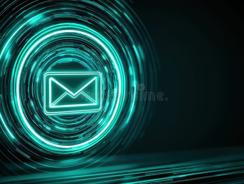 A Glowing Teal Email Icon Surrounded by Bright Concentric S of Light ...