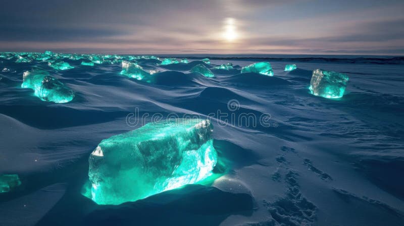Glowing Teal Ice Blocks on Snowy Landscape Stock Illustration ...