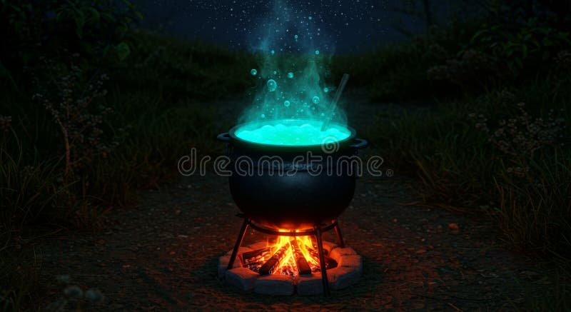 Glowing Teal Potion in Cauldron Over Campfire at Night Stock ...
