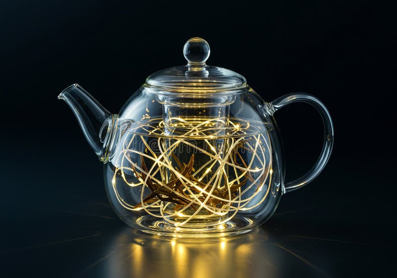 Glowing Teapot with Golden Lights Inside a Transparent Glass Container ...