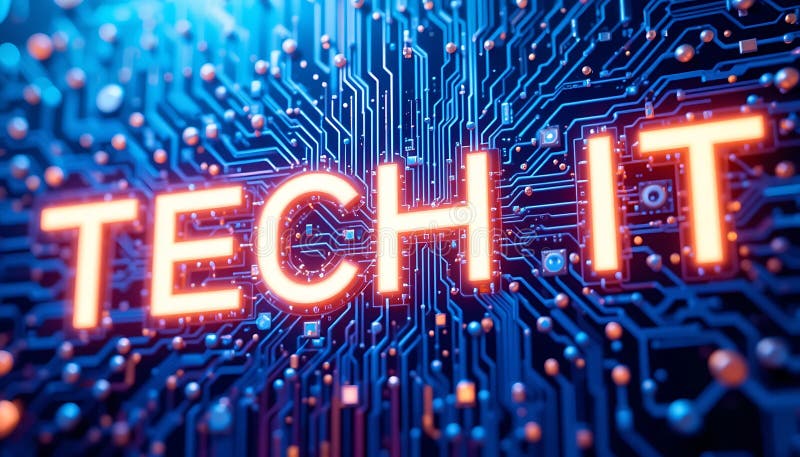 Glowing Tech it Text on Circuit Board: a Vibrant Digital Artwork Stock ...