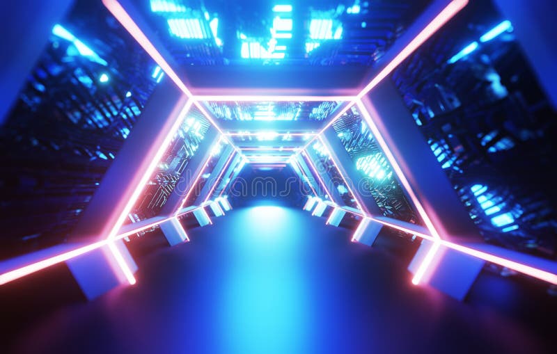 Glowing Techno Corridor Futuristic 3D Render with Abstract Design-High ...